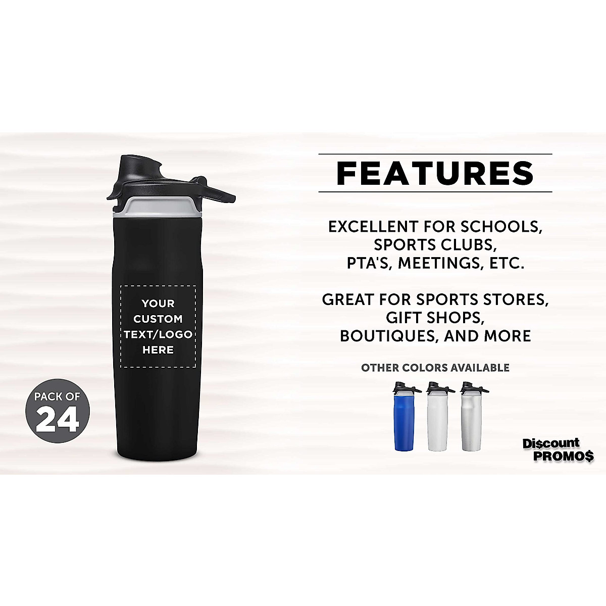 DISCOUNT PROMOS Custom Juno Water Bottles with Flip Lid 20 oz. Set of 24, Personalized Bulk Pack - Reusable, Great for Gym, Hiking, Cycling and for School - Black