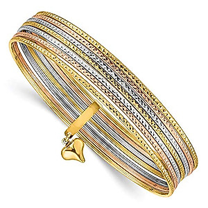 IceCarats 14K Dangling Heart Love Tri Color Gold Set of 7 Slip On Bangle Bracelet