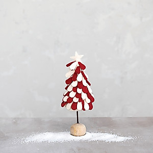 Creative Co-Op 5" Round x 13" H Handmade Wool Felt Tree w/Star & Wood Ball Base, White & Red