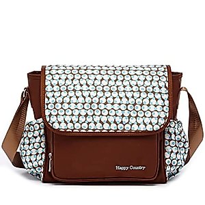 Diaper Bag Crossbody Baby Bag For Mom Turquoise Dots Brown Nylon Purse with Bottle Pockets For Travel Nappy Bag For Girls or Boys With Adjustable Wide Strap