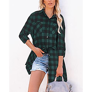 HOTOUCH Boyfriend Style Shirts Oversized Flannel Long Plaid Tops Tunics Green-Black Large