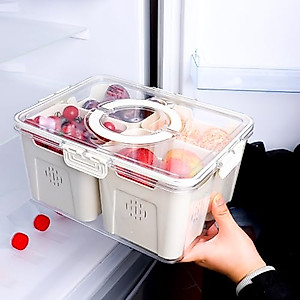 PYQTH Fruit Storage Containers for Fridge, Portable Divided Food Storage Containers with Lid and Handle, BPA-Free Saver Refrigerator Food Organizer Bins with 1 Brush for Veggies Fruit, 4 Compartments