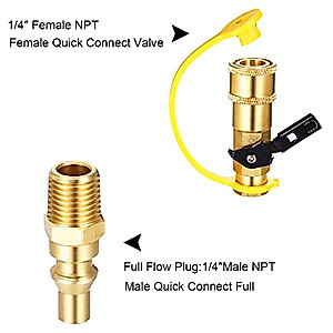 AutoRocking 1/4" Propane Quick Connect Adapter Assembly Kit, 1/4" Shutoff Valve and Full Flow Plug, with 3/8" Female Flare