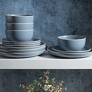 Gibson Home Rockaway Round Stoneware Dinnerware Set, Service for 4 (12pcs), Blue