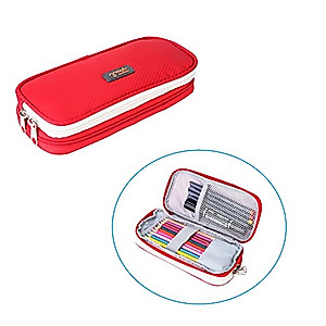 Large Capacity Double Zipper Pencil Case Bag Pen Pouch (Red, Red)
