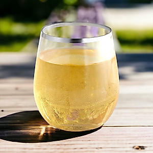 48 piece Stemless Unbreakable Crystal Clear Plastic Wine Glasses Set of 48 (10 Ounce - Silver Rim)