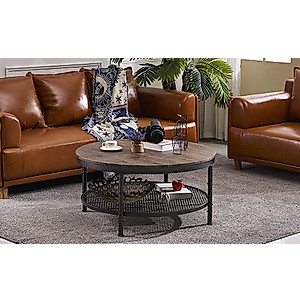 GreenForest Coffee Table Round 35.8 inch Industrial 2-Tier Sofa Table with Storage Open Shelf and Metal Legs for Living Room, Dark Walnut