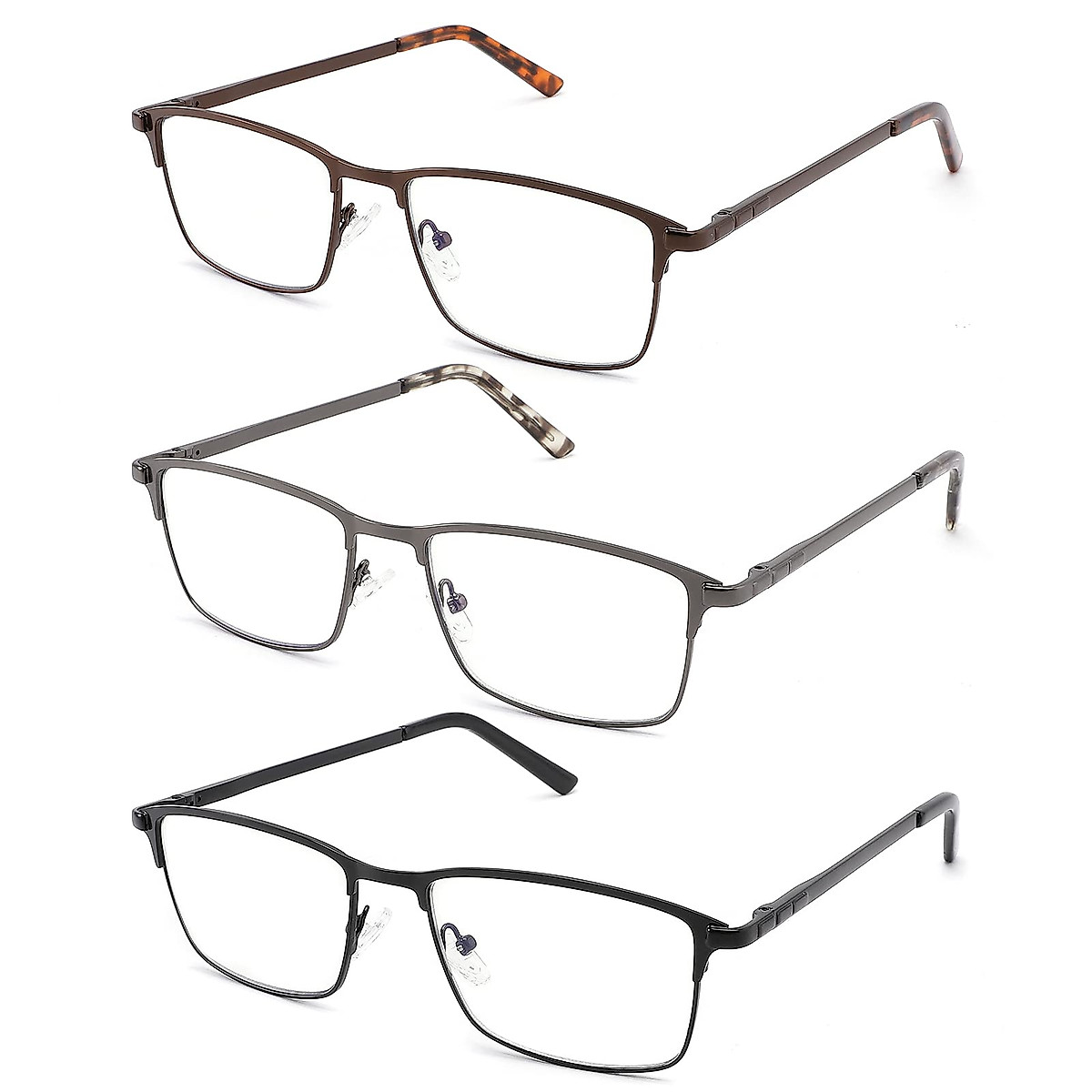 CRGATV 3-Pack Reading Glasses for Men Blue Light Blocking Metal Full Wide Frame Computer Readers Anti UV/Eye Strain/Glare (+1.5 Magnification Strength)