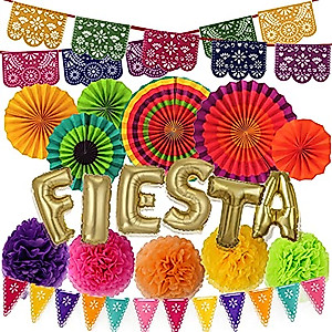 Mexican Fiesta Party Decorations – Cinco De Mayo - 6 Paper Fans, 5 Flowers Pom Poms, Papel Picado, Pennants Garland, PDF Games - Taco Bout Tuesday, Birthday, Engagement Supplies