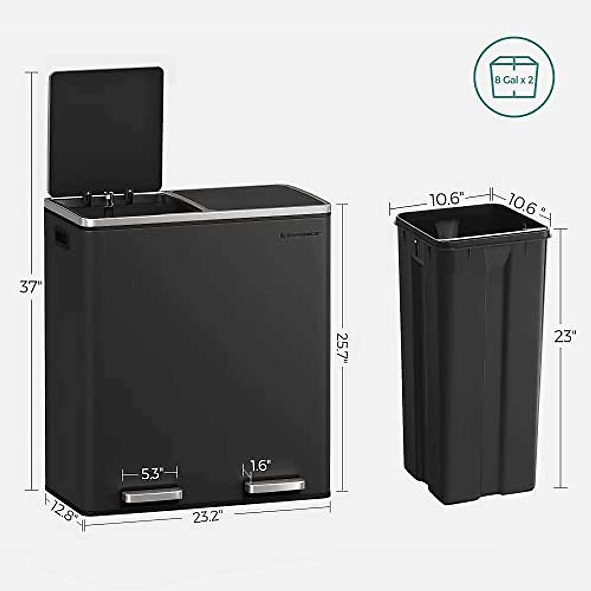 SONGMICS Dual Trash Can, 16 Gal (60L) Rubbish Bin and 15 Trash Bags, Metal Step Bin, with Dual Compartments, Plastic Inner Buckets and Hinged Lids, Airtight, Black ULTB60BK