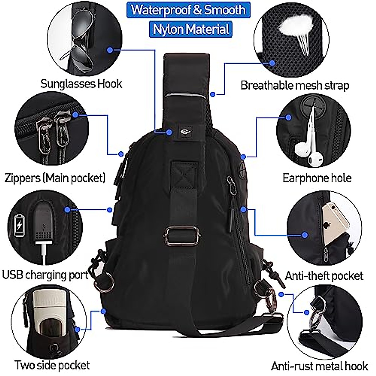 Small Black Sling Crossbody Backpack Shoulder Bag for Men Women, Waterproof Lightweight One Strap Backpack Sling Bag Backpack for Hiking Walking Biking Travel Cycling USB Charger Port-Nylon