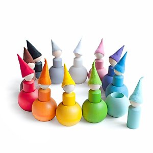 Ulanik Peg Dolls in Balls with Hats Toddler Montessori Toys for 3 Year Old + Wooden Waldorf Dolls for Learning Color Sorting and Counting — 12 Gnomes, 2.36 in
