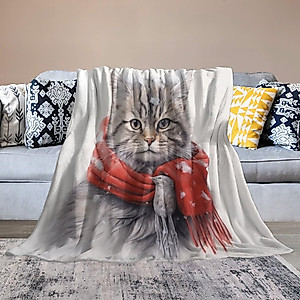 Soft Throw Blanket Drawing of A Cat Wearing A Scarf and Bird Soft Fuzzy Plush Blanket Bedding Cozy Lightweight Cat Lover Girls Gifts Blanket 40"x50" for Bed Couch Chair Sofa