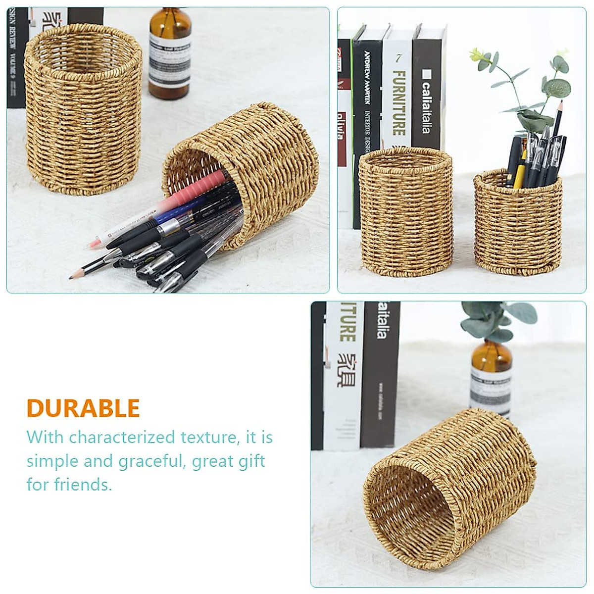 Cabilock Pen Holder Desktop Sundries Organizer Boho Desk Accessories Rattan Storage Bins Pen Cup Table Pen Organizer Pencil Holder Willow Basket Plastic Office Multifunction