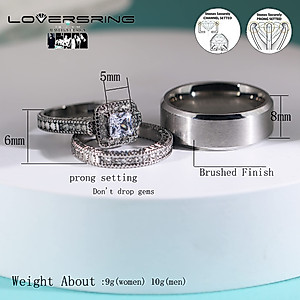 LOVERSRING Couple Ring Bridal Set His Hers Women 10k White Gold Filled AAA Cz Men Stainless Steel Wedding Ring Band Set