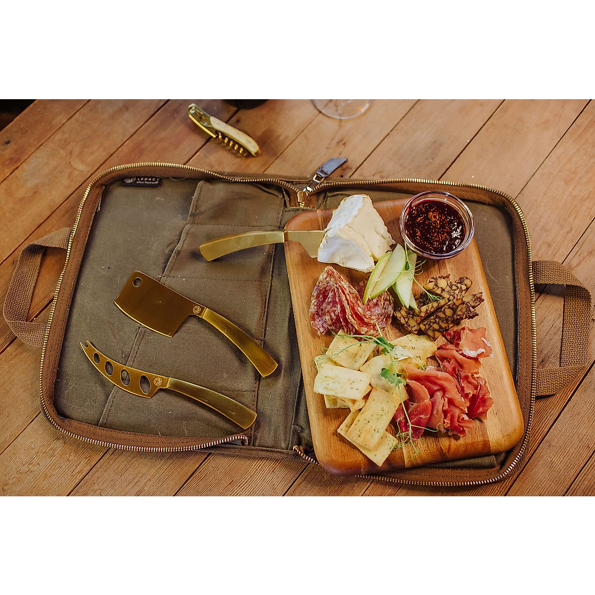 LEGACY - A Picnic Time Brand Monterey Travel Set-Distressed Waxed Canvas Bag with Cheese Knifes and Cutting Board, Khaki Green