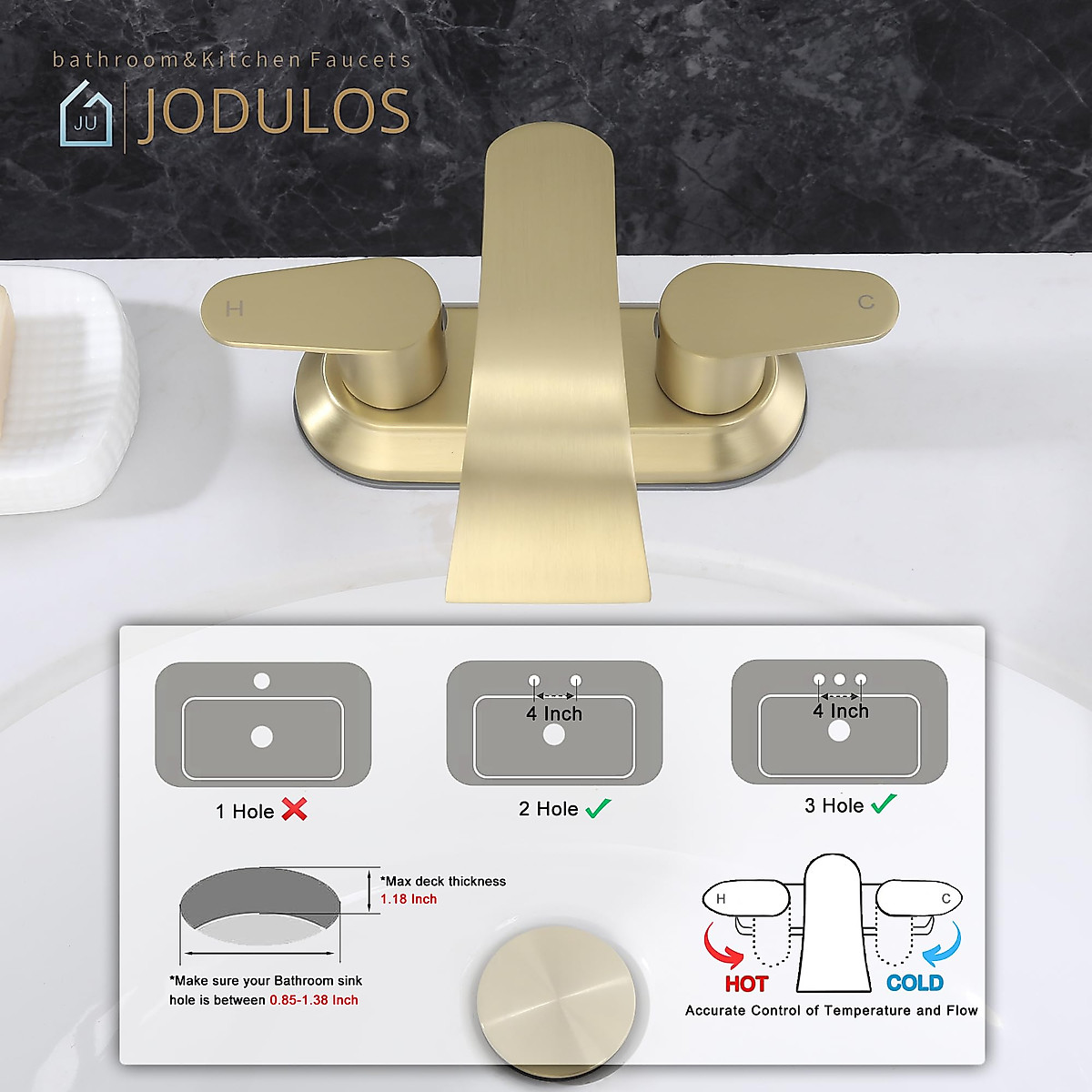 4 inch Centerset Bathroom Faucets Brushed Gold, Stainless Steel Gold Sink Faucet Bathroom with cUPC Supply Lines, Jodulos 2 Handle Waterfall Bathroom Sink Faucet with Pop Up Drain Stopper JU-DE-201-BG