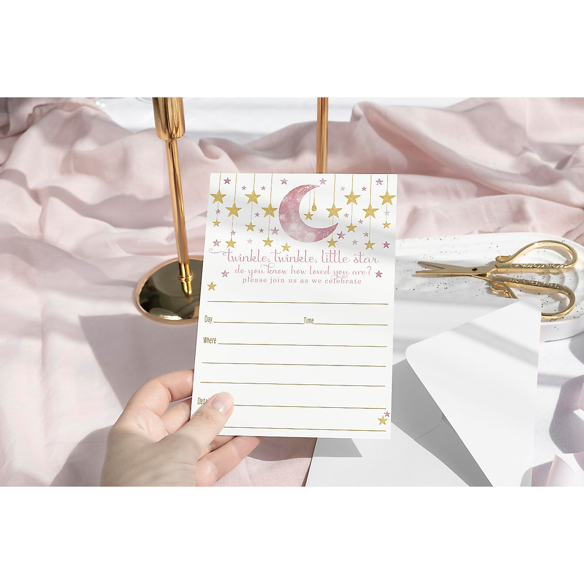 Twinkle Little Star Baby Shower Invitation Bundle Set Includes Blank Girls Invites with Envelopes Diaper Raffle Tickets Bring a Book Insert Cards (25 of Each) Celestial Themed Party Supplies