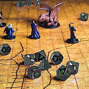 SIQUK Metal Polyhedral Dice Shiny Black Body and Dark Green Numbers Zinc Alloy Dice with Metal Case