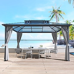 Joyside 10x13 ft Outdoor Hardtop Gazebo with Double-Tier Polycarbonate Roof, Aluminum Frame Gazebo with Netting and Curtain Included, Suitable for Lawn Backyard Patio