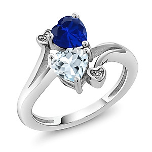 925 Sterling Silver Blue Created Sapphire Sky Blue Aquamarine and White Diamond Ring For Women (1.50 Cttw, Heart Shape 6MM, Gemstone September Birthstone, Available In Size 5, 6, 7, 8, 9)