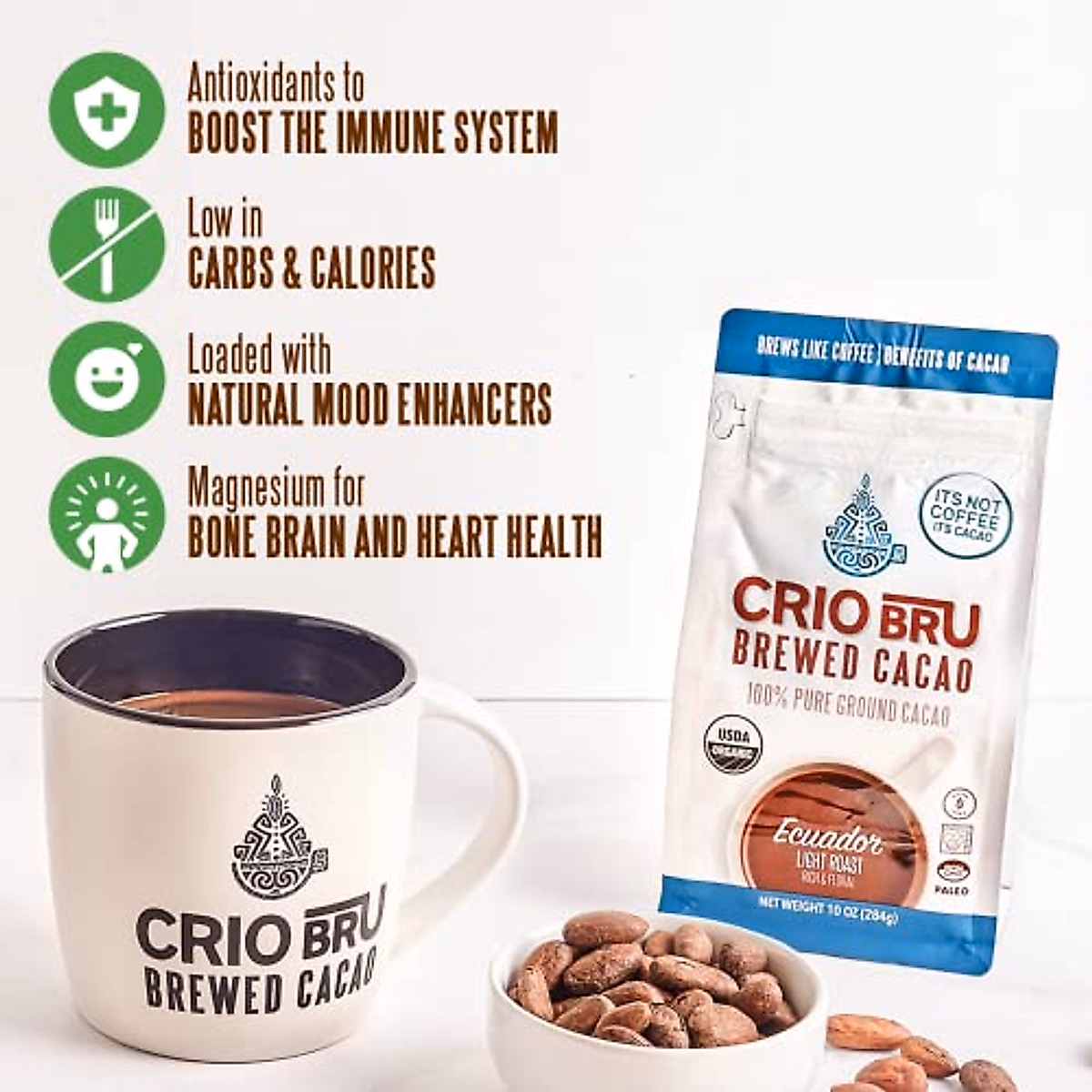 Crio Bru Brewed Cacao Nicaragua Medium Roast - Coffee Alternative Natural Healthy Drink | 100% Pure Ground Cacao Beans | 99.99% Caffeine Free, Keto, Low Carb, Paleo, Non-GMO, Organic (10 Ounce (Pack of 1))