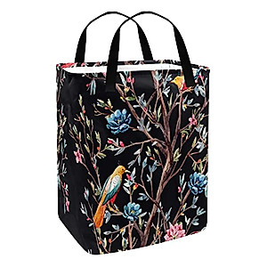 Retro Birds on Tree Print Collapsible Laundry Hamper, 60L Waterproof Laundry Baskets Washing Bin Clothes Toys Storage for Dorm Bathroom Bedroom