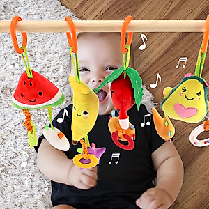KAKIBLIN Baby Hanging Toys, 4 Pack Carseat Toys,Early Baby Cognitive Sensory Hanging Bassinet Toys,Soft Hanging Toys for Crib Stroller Baby Gym Mobile Plush Toys,Suitable for Babies 0-12 Months,Fruit