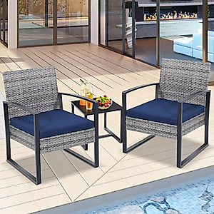 Murago 3 Pieces Patio Outdoor Wicker Bistro Furniture Set, Conversation Set, 2 Chairs Plus Table, for Porch, Balcony, Patio, Grey Frame with Blue Cushion