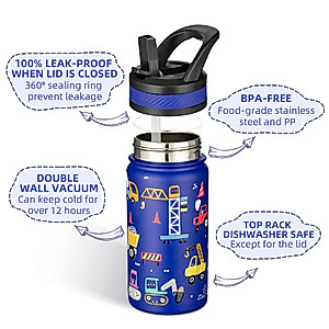 Fanhaw 14 Oz Kids Insulated Water Bottle with Straw - Stainless Steel Double Wall Vacuum Cup, Leakproof, BPA Free, Suitable for Boys and Girls(Blue - Under Construction)