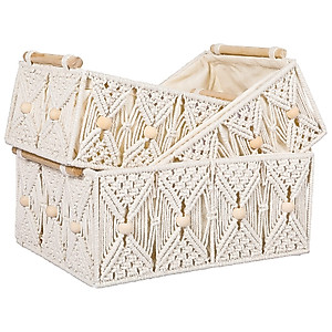 LaMorée Large Boho Macrame Storage Baskets 3 PCS Cotton Rope Hand Woven Bin Set with Natural Wooden Handles & Beads Decorative Wicker Boxes for Tabletop Book Shelf Bathroom Organizer Container