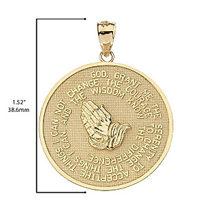 10K Yellow Gold Round Serenity Prayer and Lord's Prayer with Praying Hands Medal Style Medallion Charm Pendant - Size Large
