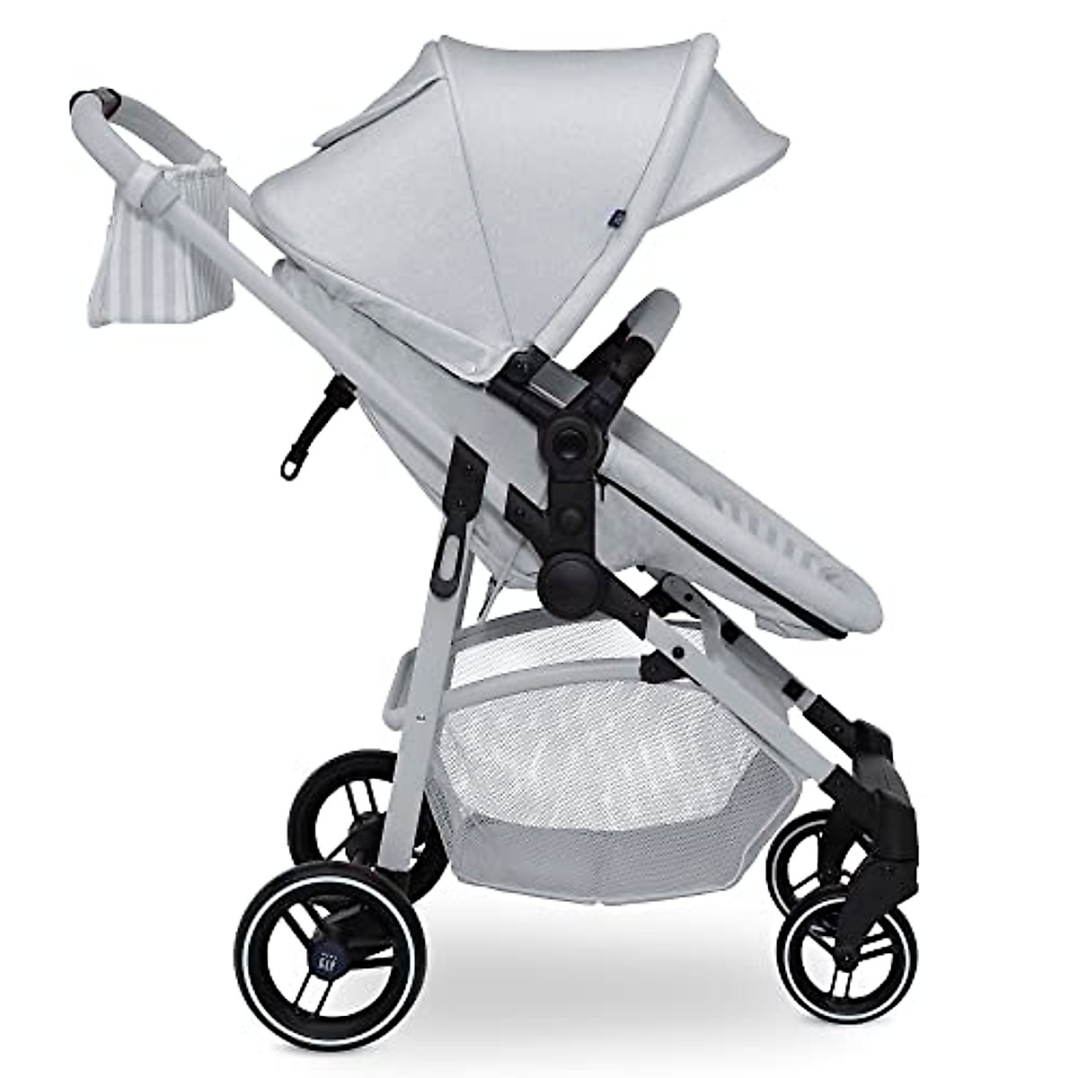 GAP babyGap 2-in-1 Carriage Stroller - Car Seat Compatible - Easy One-Handed Fold - Lightweight Stoller with Oversized Canopy & Reclining Seat - Made with Sustainable Materials, Grey Stripes