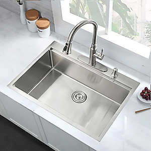 BoomHoze 33-inch Kitchen Sinks, 33x22 Drop In Kitchen Sink 304 Stainless Steel Sink Single Bowl Top Mount Workstation Kitchen Sink 16 Gauge Handmade Deep Kitchen Sink with Cutting Board