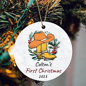 MeMate Personalized Babys First Christmas 2023 Ceramic Ornament, Western Baby's 1st Christmas Ornaments Keepsake, Cowboy Baby Name Ornaments, Christmas Decoration for Newborn