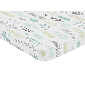 Sweet Jojo Designs Blue Grey Tropical Leaf Unisex Boy Girl Baby Nursery Fitted Mini Portable Crib Sheet For Mini Crib, Pack and Play - Turquoise Gray Green Botanical Rainforest Jungle Sloth Collection