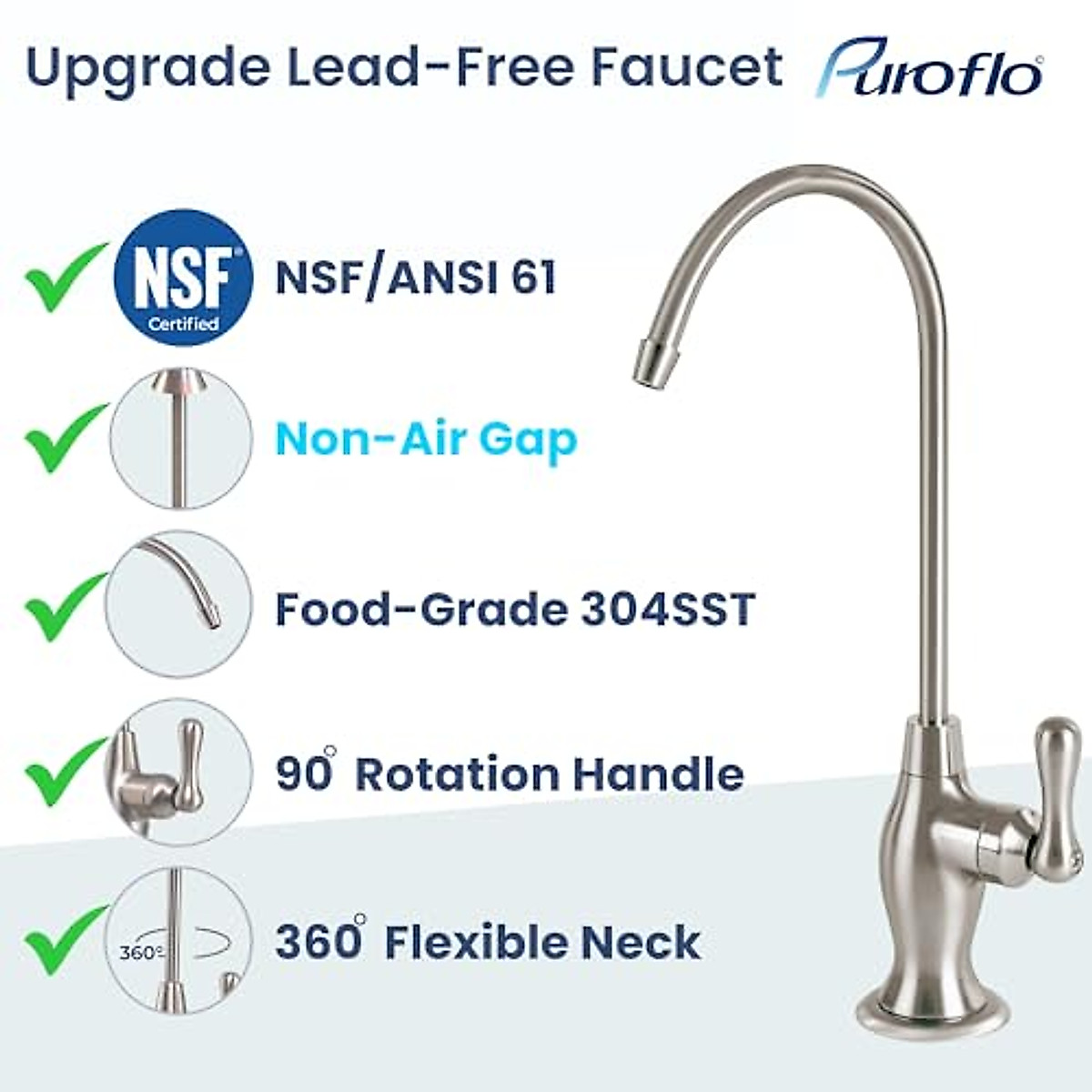 Puroflo Brushed Nickel Reverse Osmosis Faucet, NSF Certified Lead-Free Drinking Water Faucet for Under Sink Water Filtration System, Non-Air Gap Brushed RO Faucet, Filtered Water Faucet FLR-575BN