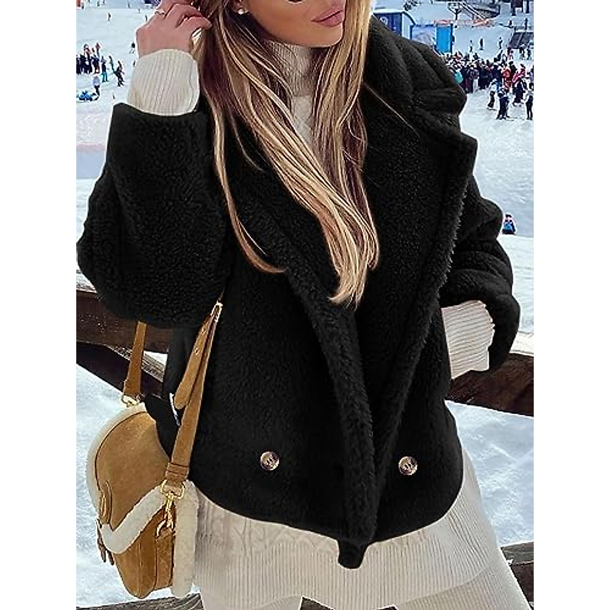 PRETTYGARDEN Womens 2023 Winter Fashion Sherpa Coats Lapel Fleece Jacket Long Sleeve Pockets Faux Fur Dressy Fall Outfits (Black,Small)