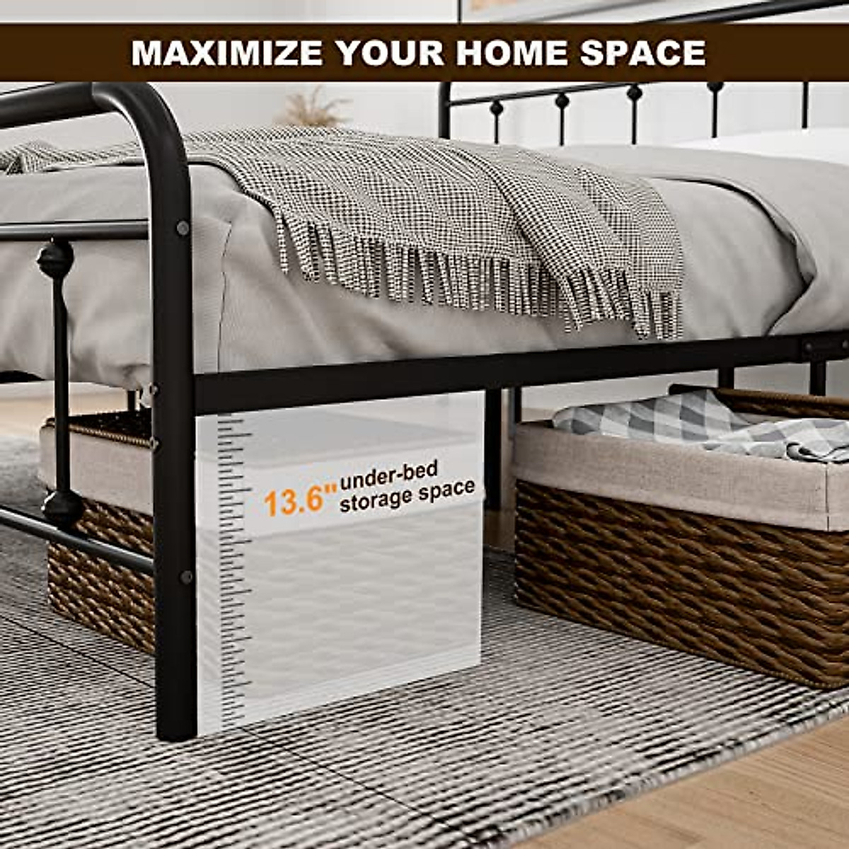 IKIFLY Metal California King Bed Frames with Headboard & Footboard - Strong Steel Slats - Mattress Foundation - Victorian Vintage Style - No Box Spring Needed - Black/Cal King