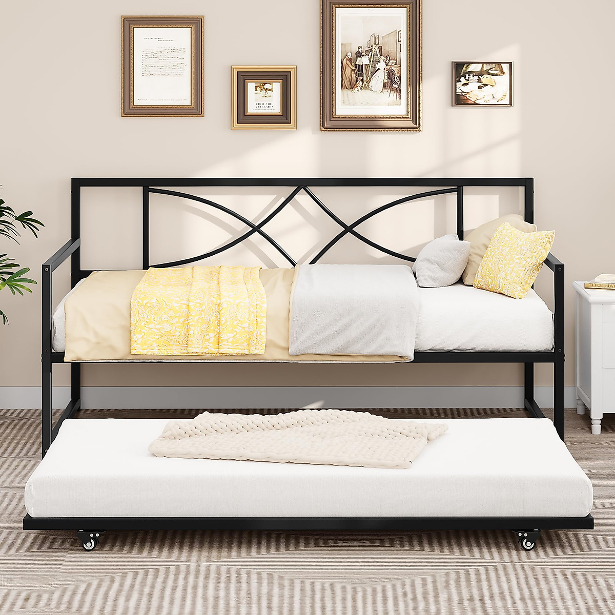 YITAHOME Twin Daybed with Pull Out Trundle, Metal Day Bed with Adjustable Height, Twin Size Mattress Foundation with Steel Slat Support for Guest Room Living Room - Black