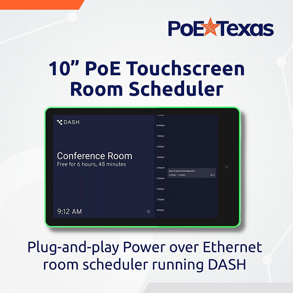PoE Texas 10" Touchscreen Meeting Room Scheduler Tablet with Highly Visible LED Ring - Plug & Play PoE Office Conference Room Scheduler - Digital Display Syncs with Existing Business Calendar