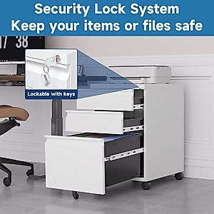 AFAIF 3 Drawer Mobile File Cabinet with Lock, Rolling File Cabinet for Home Office, Under Desk Small File Cabinet, Metal Vertical White Filing Cabinet for Legal/Letter/A4 File, White