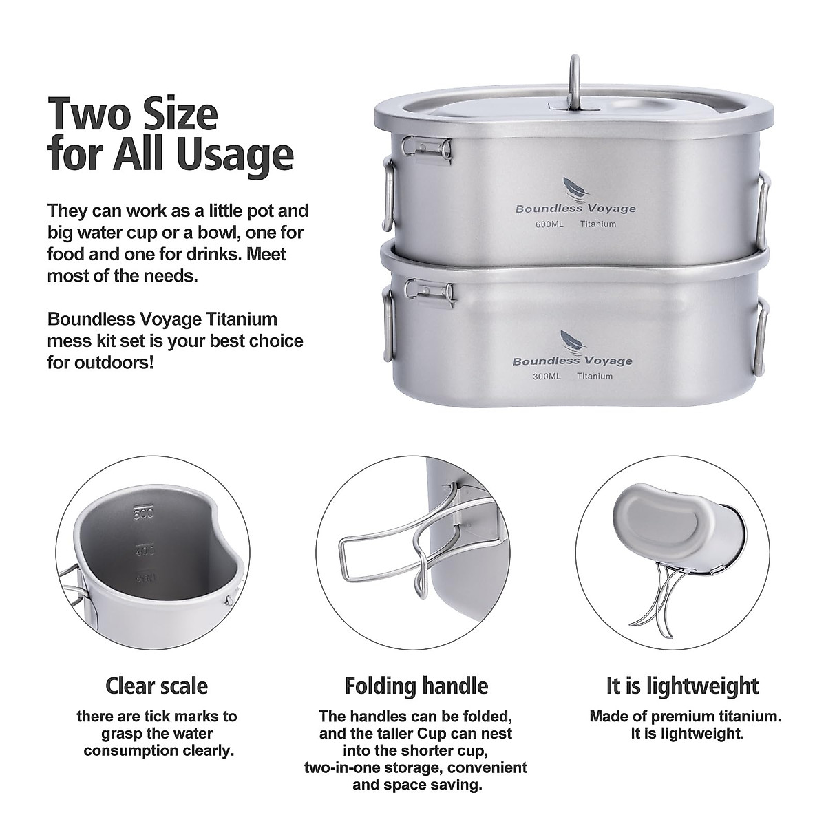 usharedo Boundless Voyage Titanium Camping Pots Set with Hanging Ring Ultralight Portable Bowl Picnic Cookware Titanium Canteen Mess kit for Outdoor Hiking Backpacking Mountaineering Ti15123B