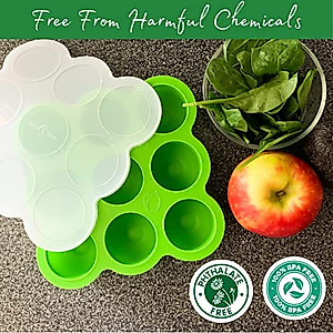 Silicone Baby Food Storage Container and Freezer Tray - Food-Grade Silicone Mold with Clip-On Lid - 9 x 2.5 Oz Easy Out Portions (Green)