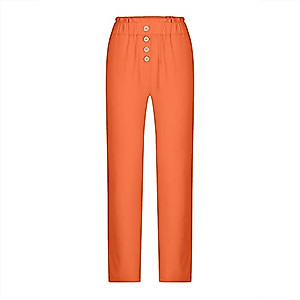 Crop Pants for Women Cotton Linen Pants Summer Casual High Waisted Button Capris Regular Fit Solid Lounge Cropped Pant