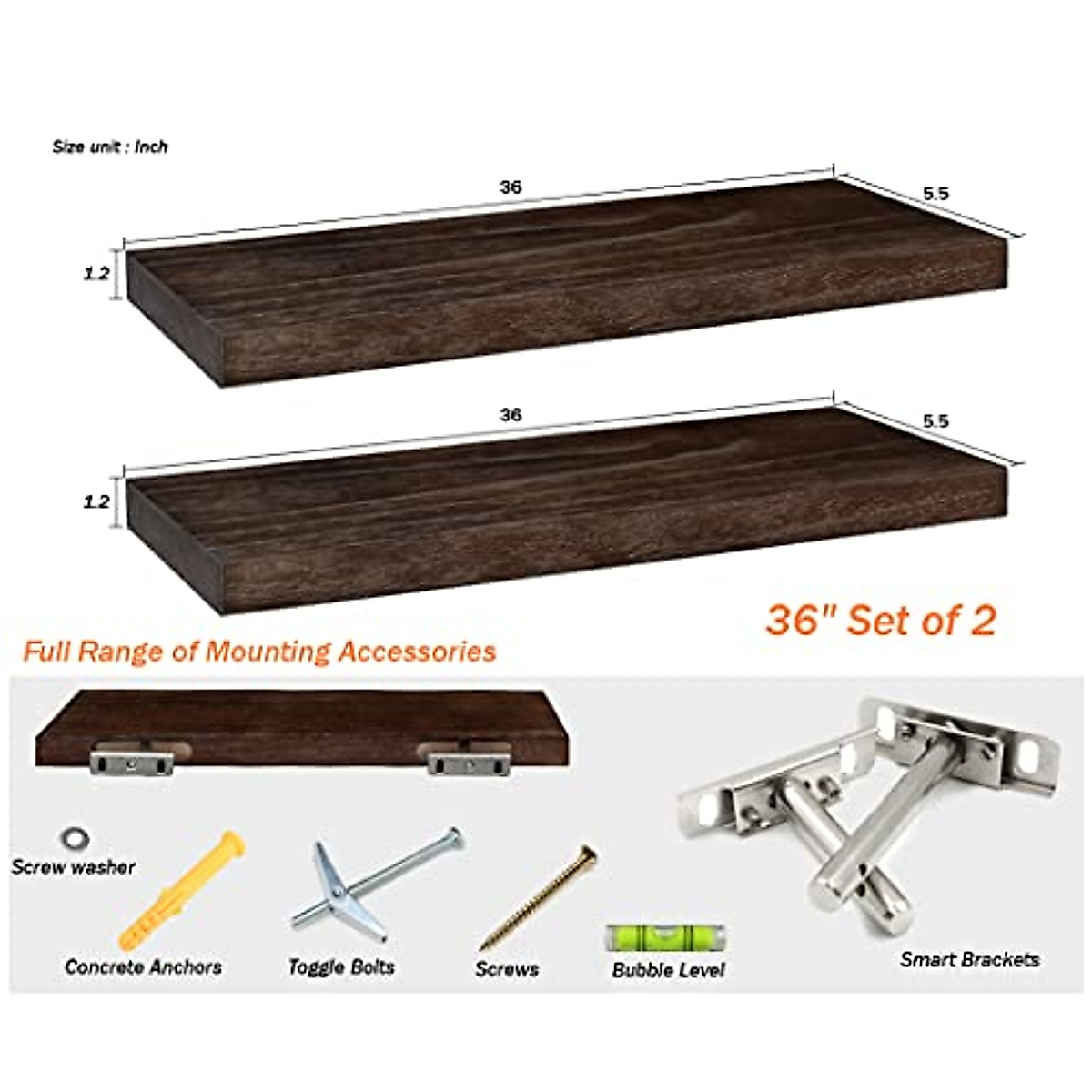 SHUAIAIW 36 inch Floating Shelves Wall Shelf Set of 2, Hanging Shelves with Hide Embedded Brackets, Real Natural Solid Wood Large Floating Shelf for Wall Organizer and Home Decor