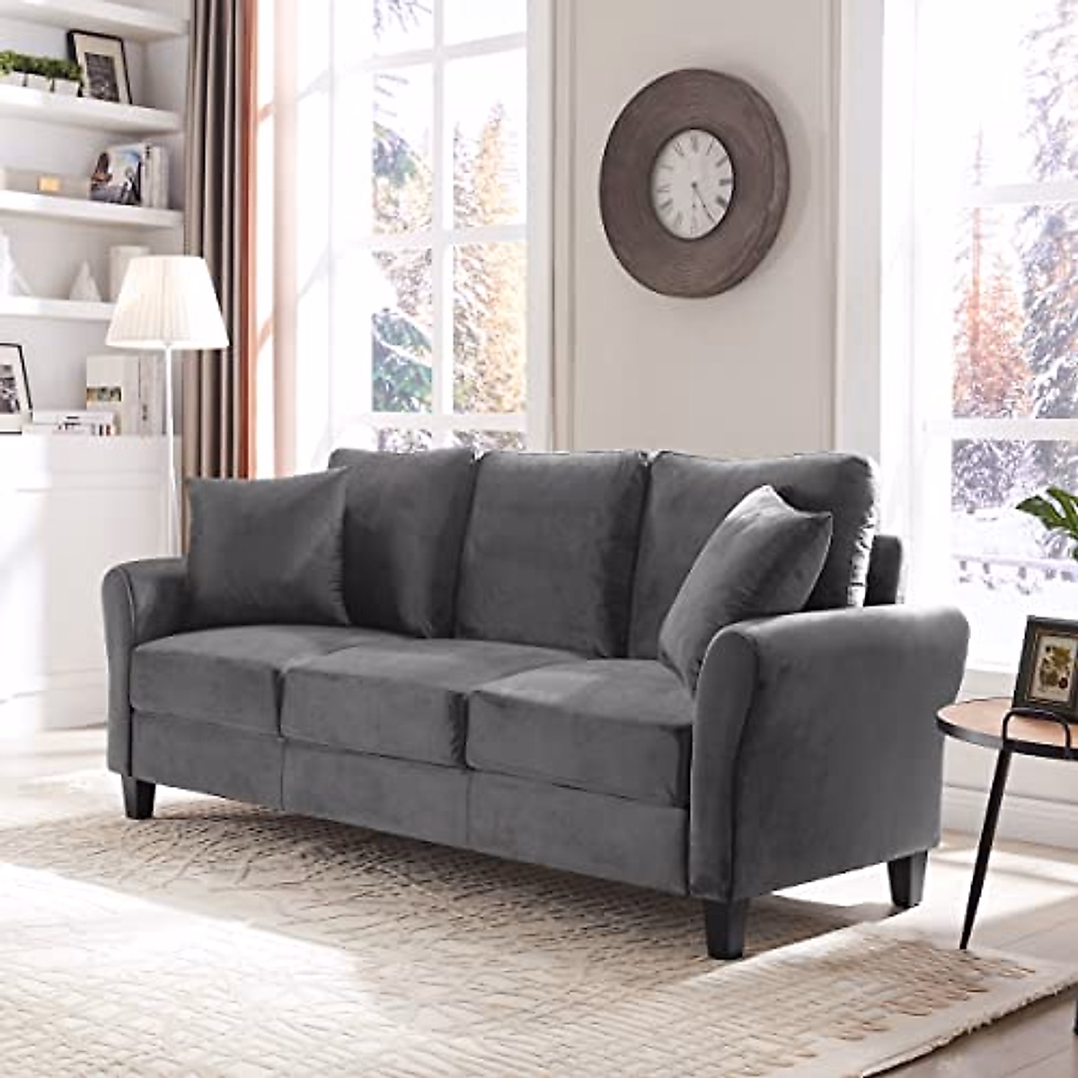 PEIHONGET 78.35" Mid-Century Modern Living Room Sofa 3 Seater Velvet Sofa Couch with 2 Pillows Armrest and Wood Legs for Bedroom, Apartment, Dorm, Office (Gray)