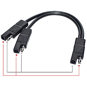 JINKAIMING SAE DC Power Y Splitter 2 Way Cable 18AWG 25cm/10inch, Polarity Reverse Adapter, SAE Outlet Expansion 1 to 2 Extension Cord with Dust Cap for Battery Charge Solar Panel Camera ATV Trailer