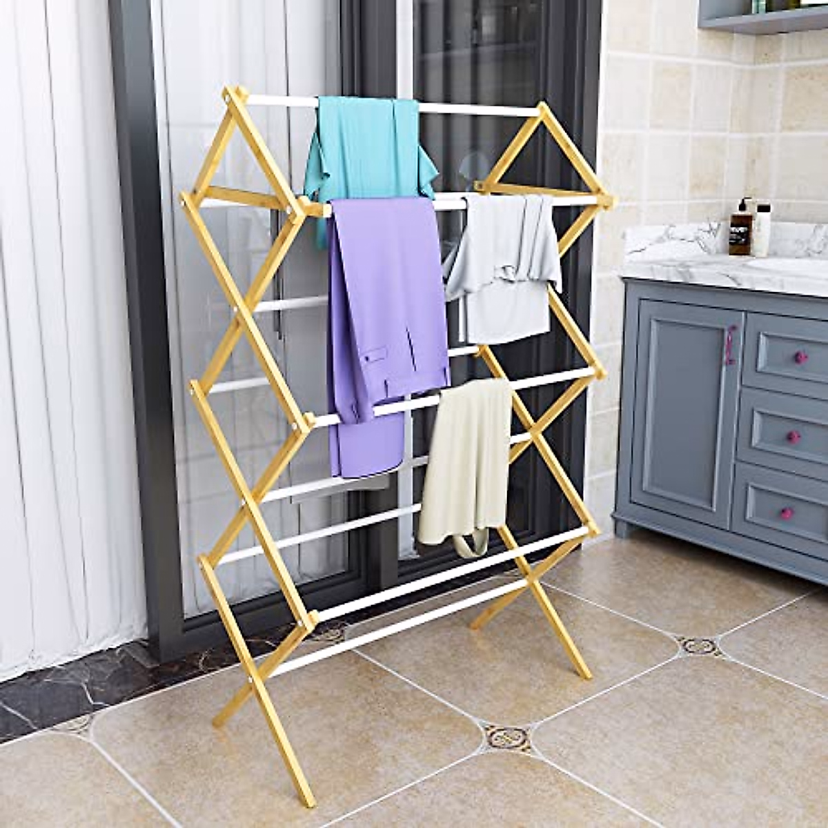 Disracker Folding Clothes Drying Rack Collapsible Bamboo Hanging Clothes Rack Portable Laundry Racks for Drying Clothes with Metal Rod 35 Inch