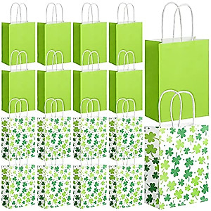 24 Pcs St. Patrick's Day Paper Gift Bags with Handles 5.9 x 8.3 x 3.1 Inch Green Treat Bags and Irish Lucky Shamrock Goodie Bags for St Patrick's Day Party Favor Wedding Birthday